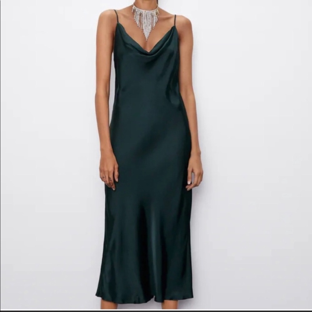 Zara Green Cowl Neck Satin Dress Gem